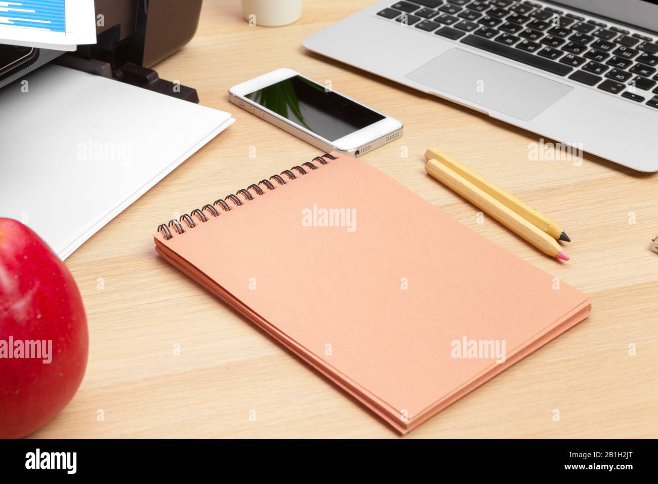 Printer and computer. Office table. Top view Stock Photo - Alamy