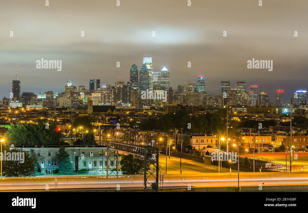 Philadelphia skyline at night as seen from the Stadium District ...