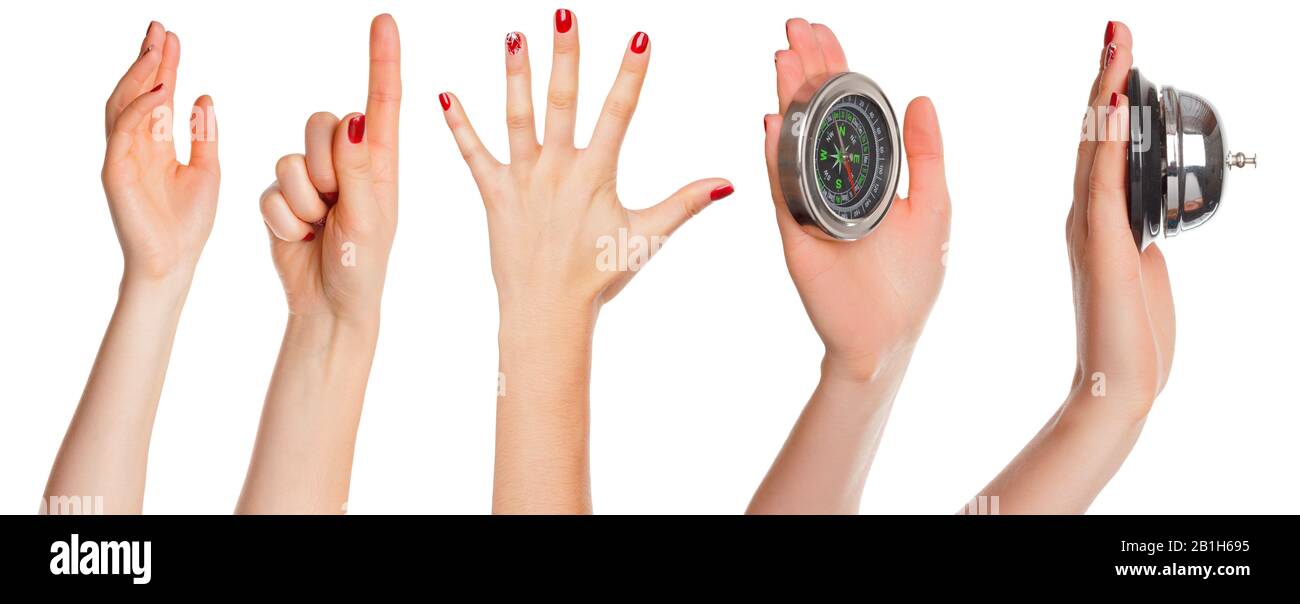 Multiple images set of female caucasian hand with objects isolated over ...