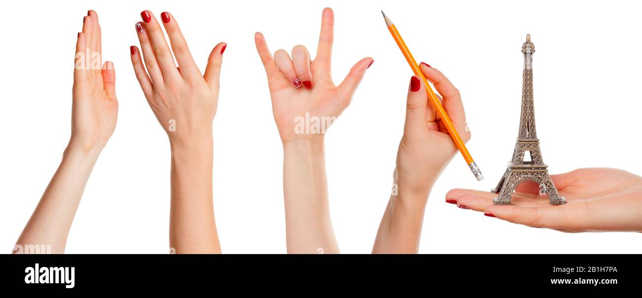 Multiple images set of female caucasian hand with objects isolated over ...