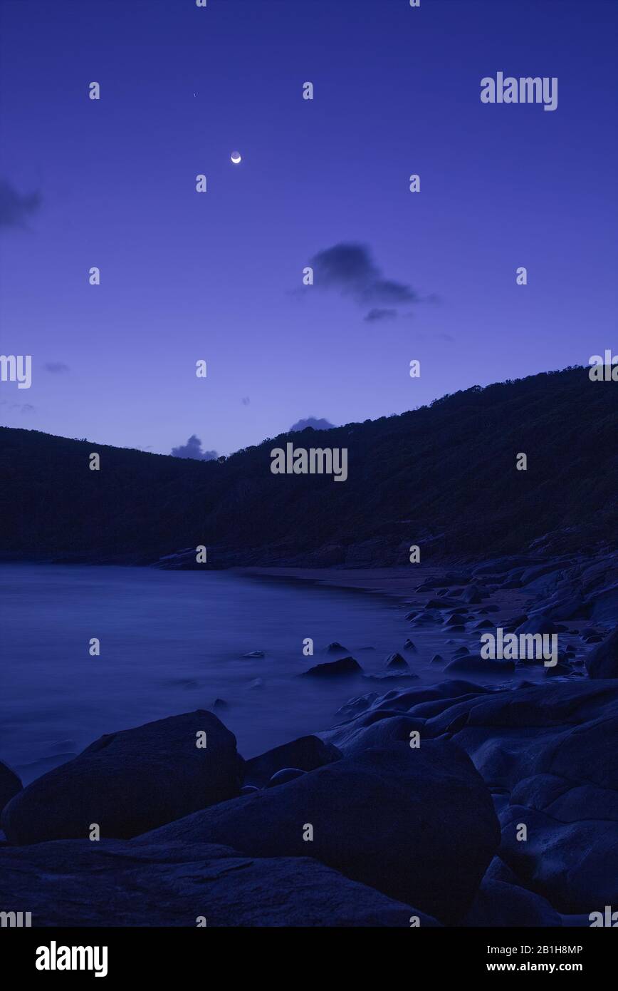 Dawn, Seascape,Mountains,Moon, Portrait Stock Photo - Alamy