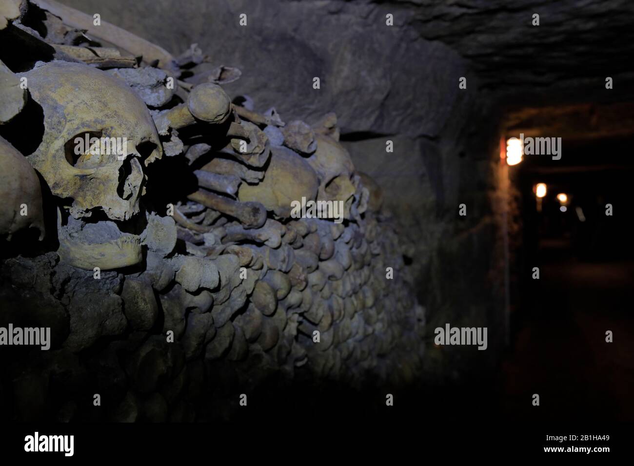 Bones and skulls stored inside of the catacombs of Paris.Paris,France ...