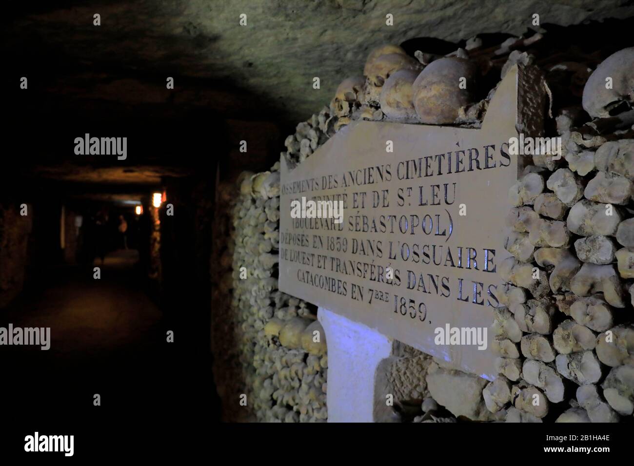 Bones and skulls stored inside of the catacombs of Paris with the stone ...