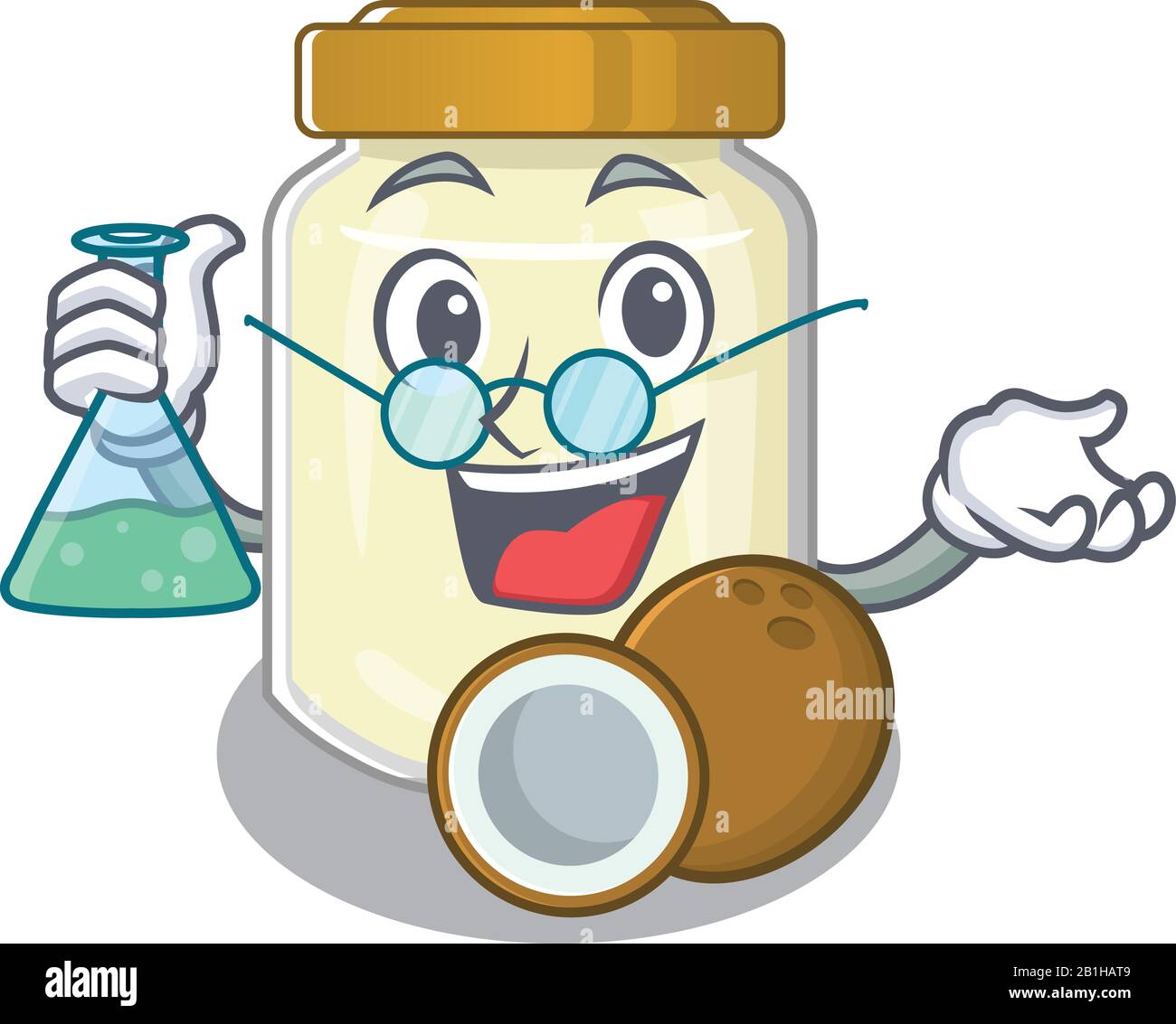 Cool coconut butter Professor cartoon character with glass tube Stock ...