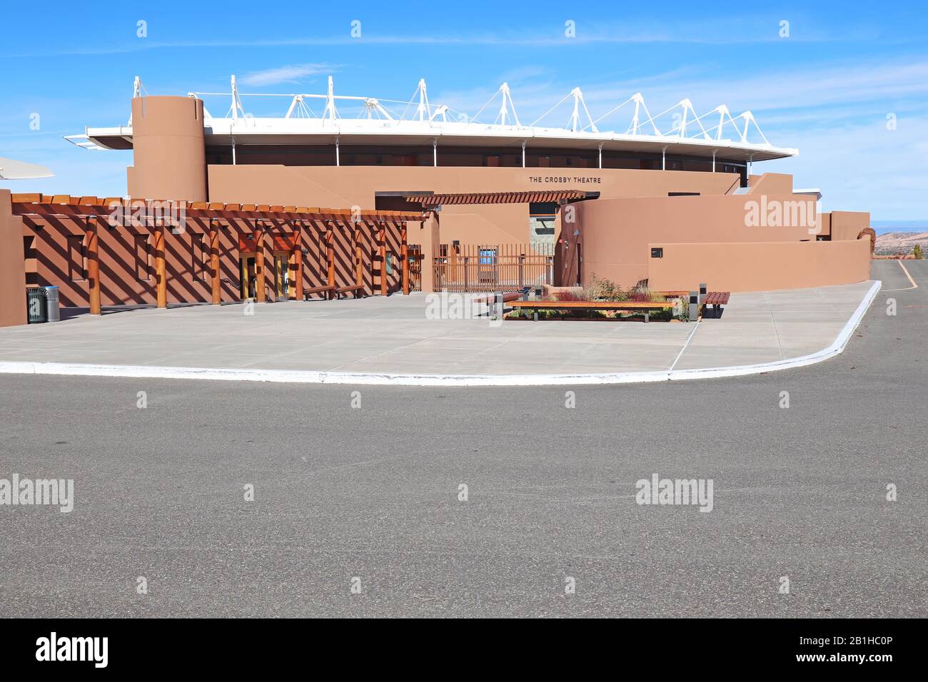 External facade of the Crosby Theatre at the Santa Fe Opera (SFO) house ...