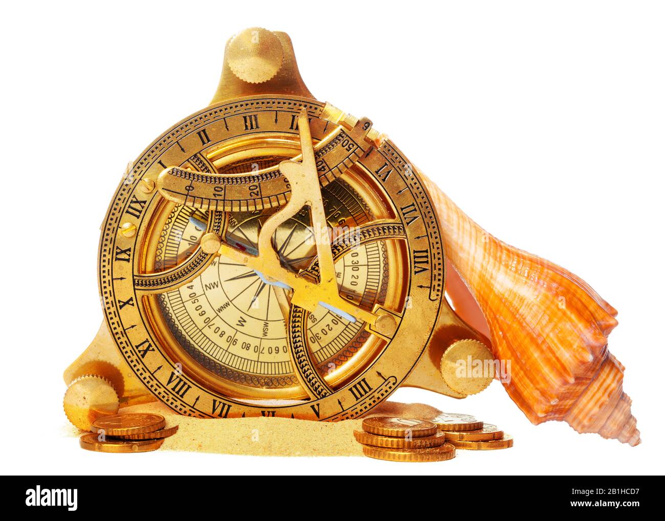 sea shells and old compass with sand isolated on white background Stock ...