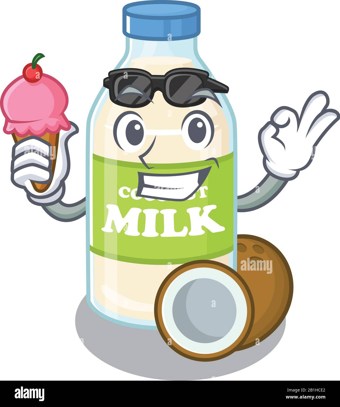 happy face coconut milk cartoon design with ice cream Stock Vector ...