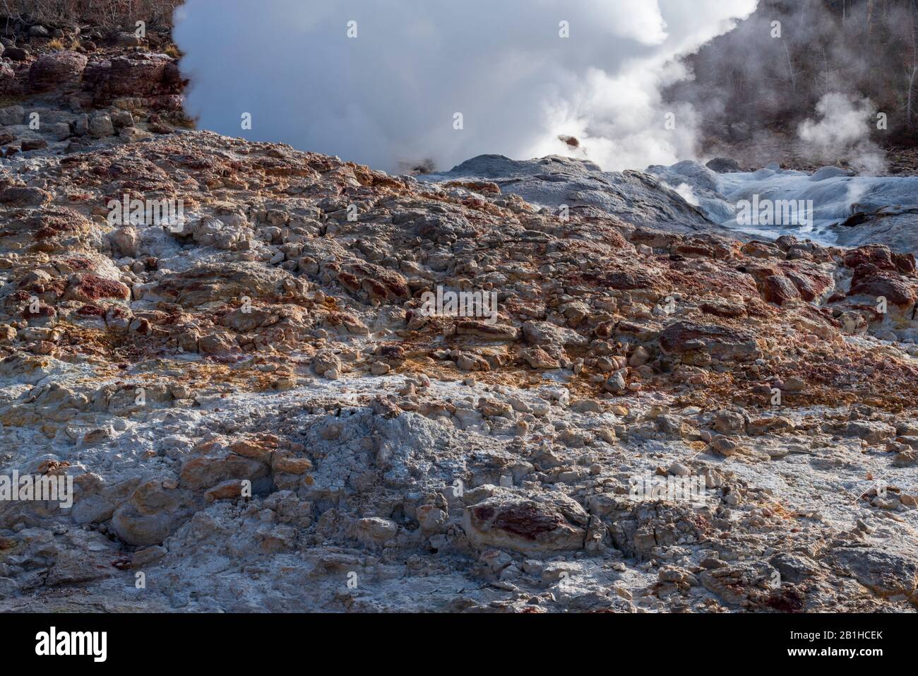 Closeup, base of erupting geyser spewing hot water, steam and gas Stock ...