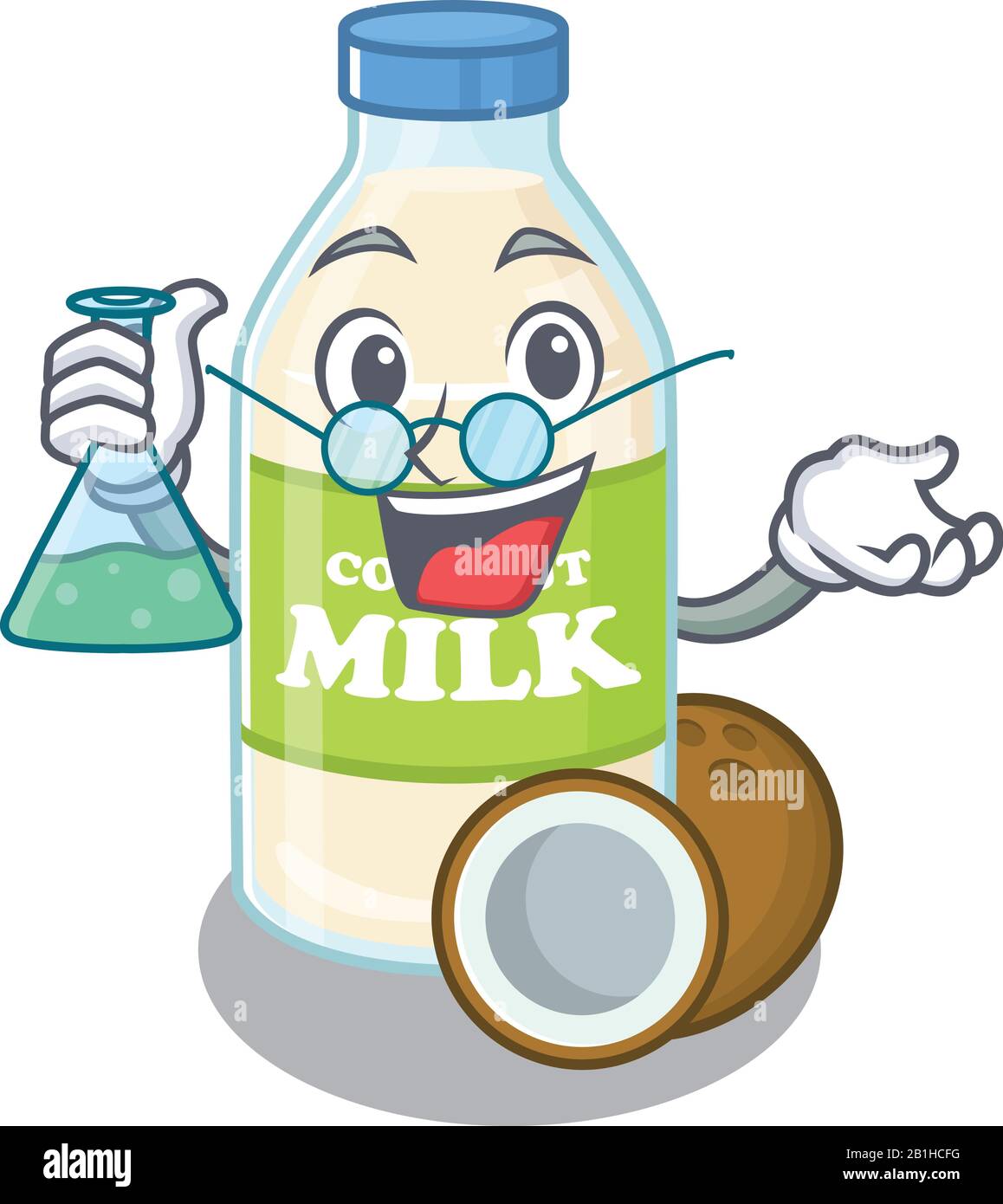 Cool coconut milk Professor cartoon character with glass tube Stock ...