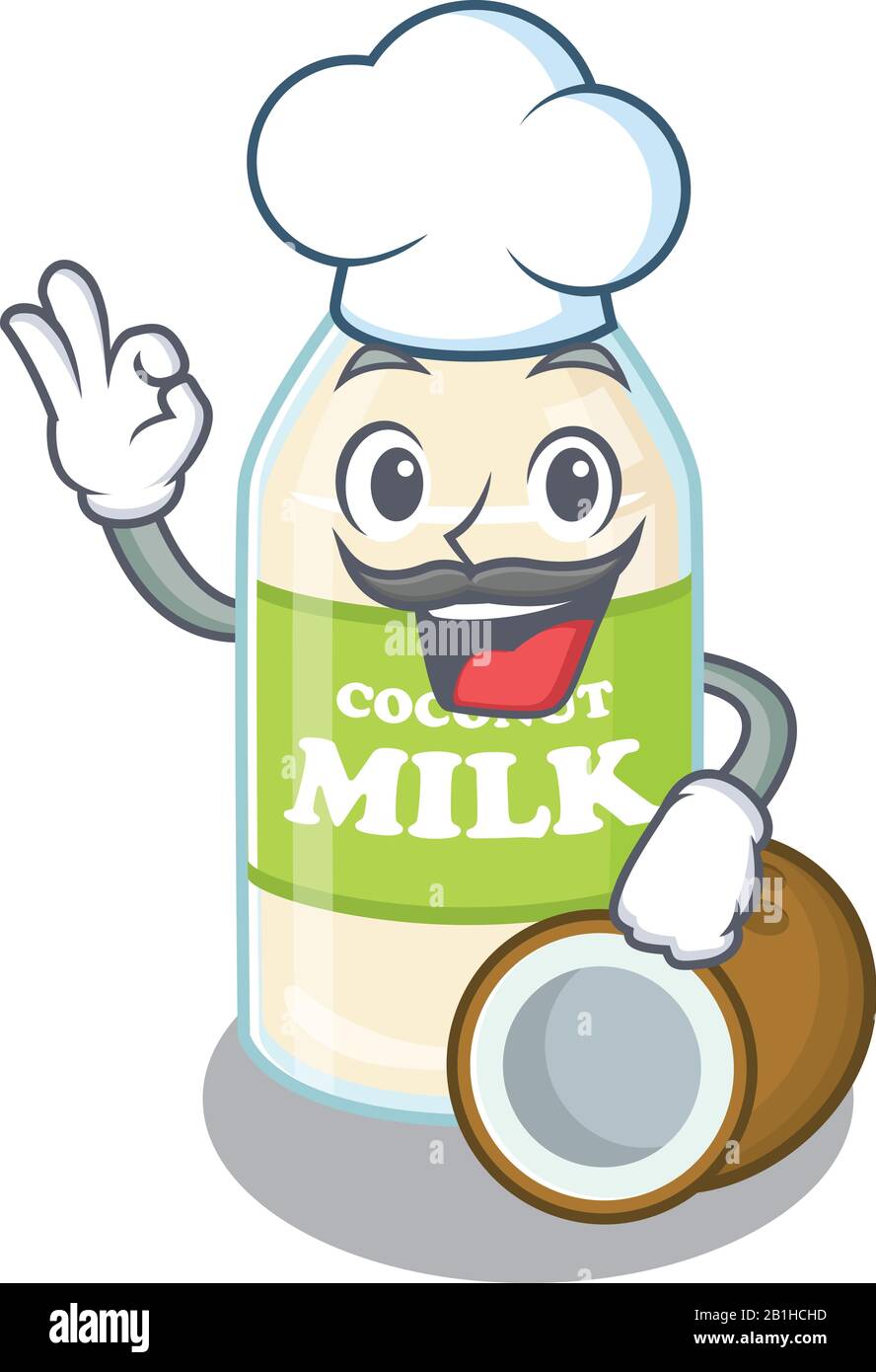 Coconut milk cartoon character working as a chef and wearing white hat ...
