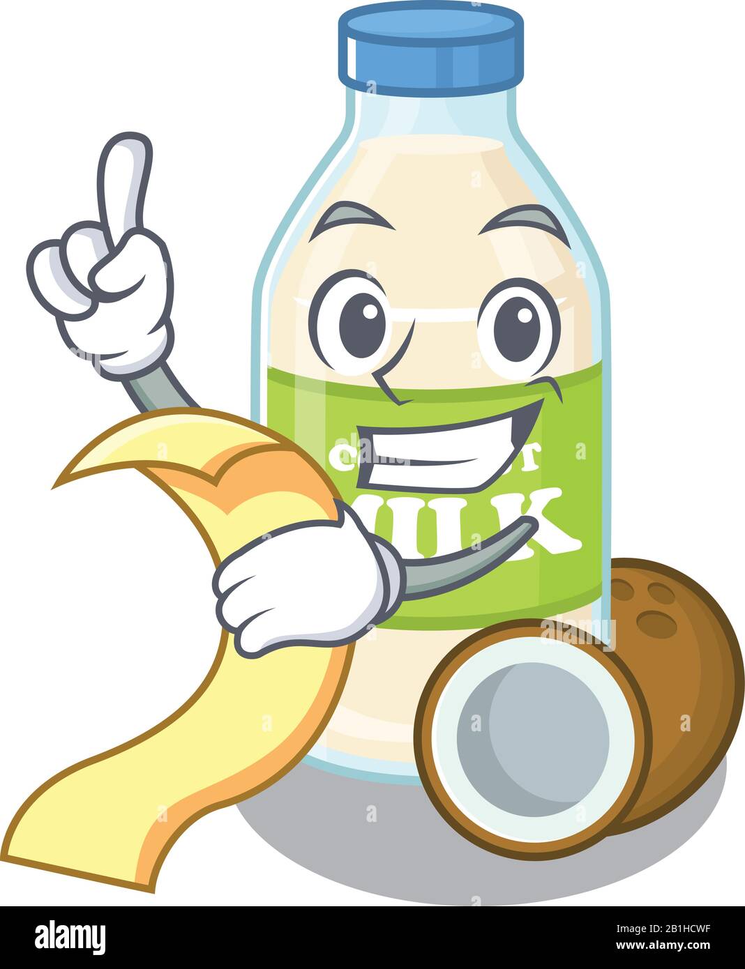 A funny cartoon character of coconut milk holding a menu Stock Vector ...