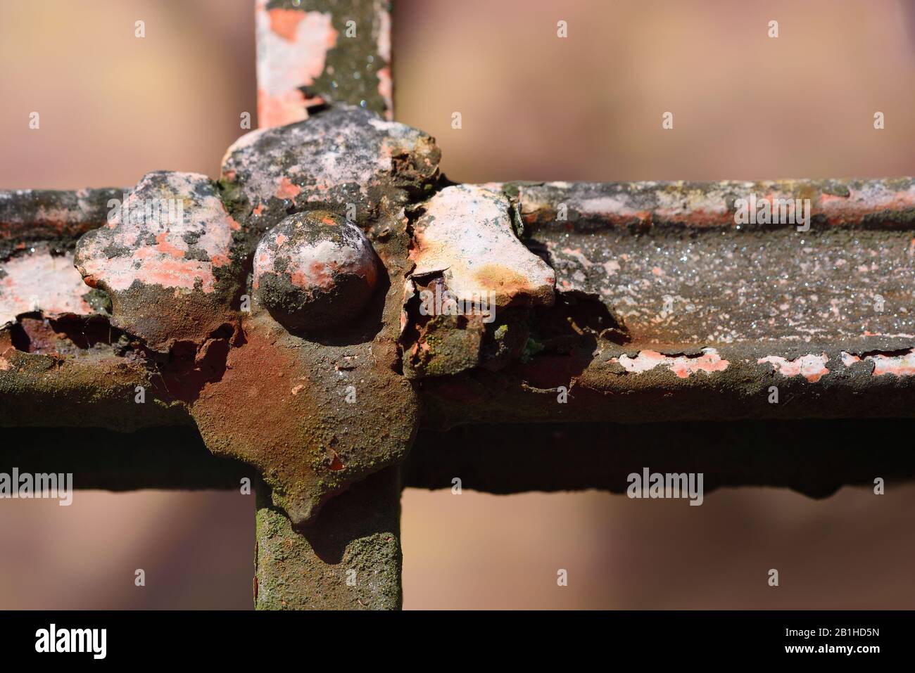 Close-up and detailed view of an old rusty fence, with a weathered iron ...