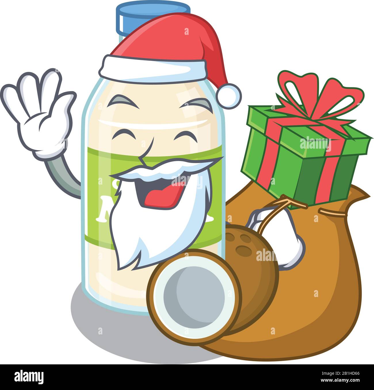 Santa coconut milk Cartoon character design having box of gifts Stock ...