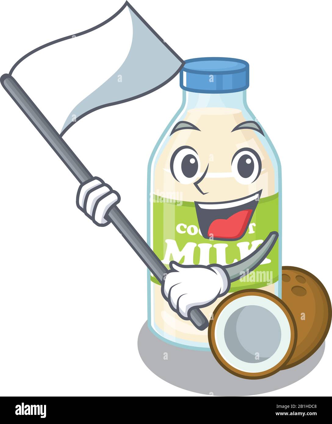 Funny coconut milk cartoon character style holding a standing flag ...