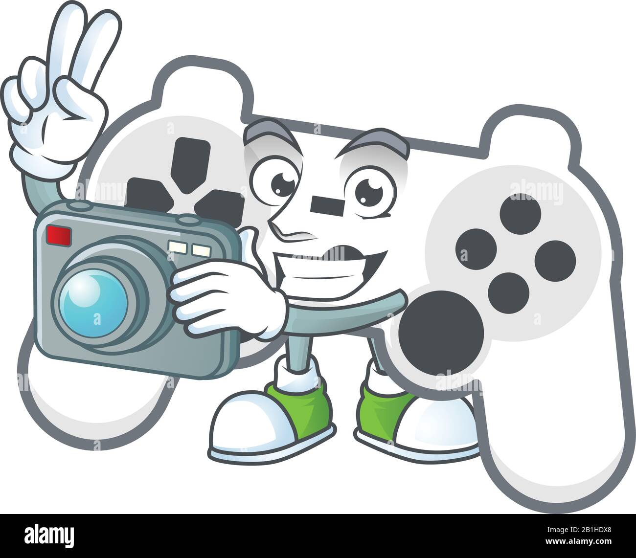 A white joystick Photographer cartoon character in action with a camera ...