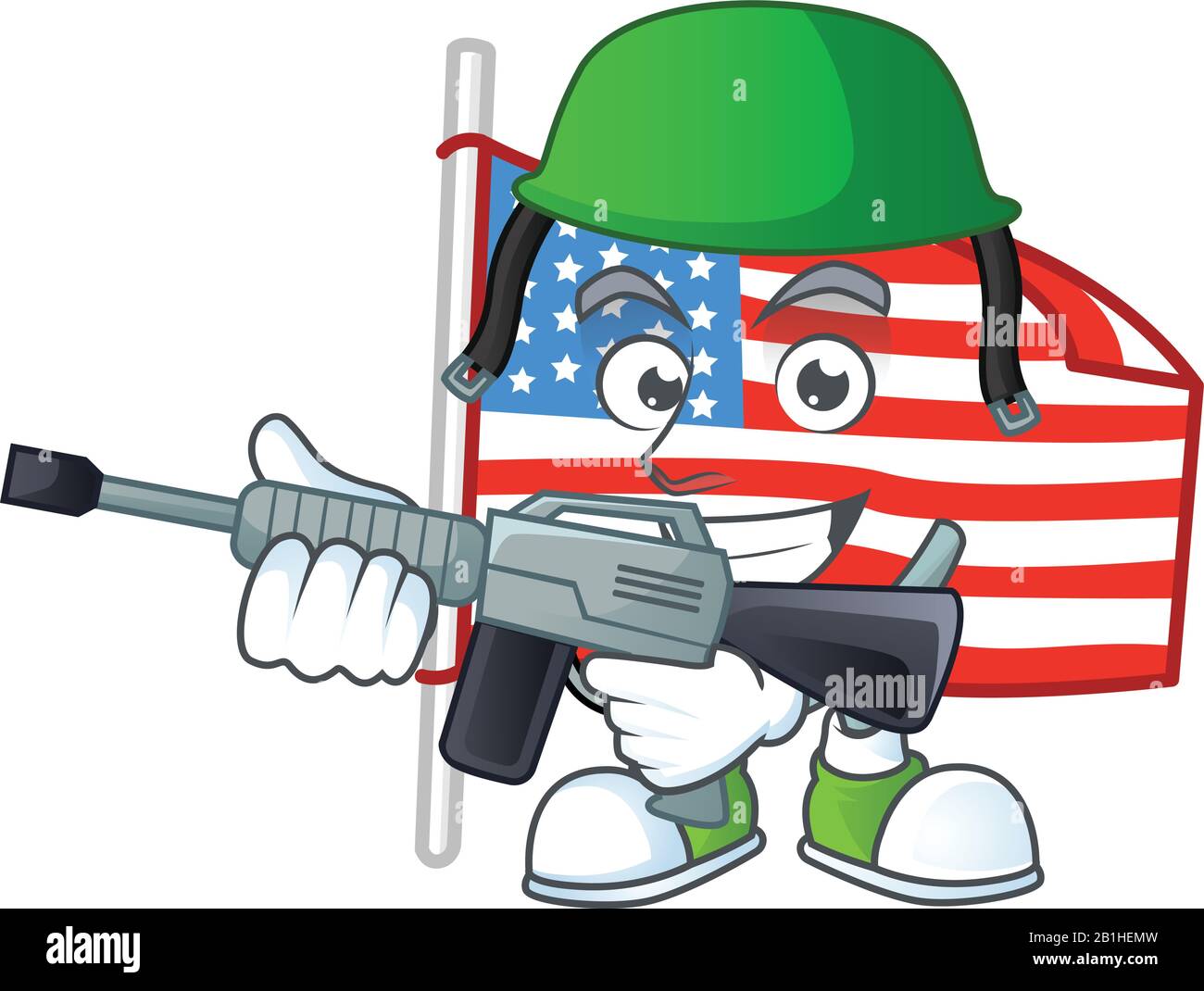 USA flag with pole mascot design in an Army uniform with machine gun ...
