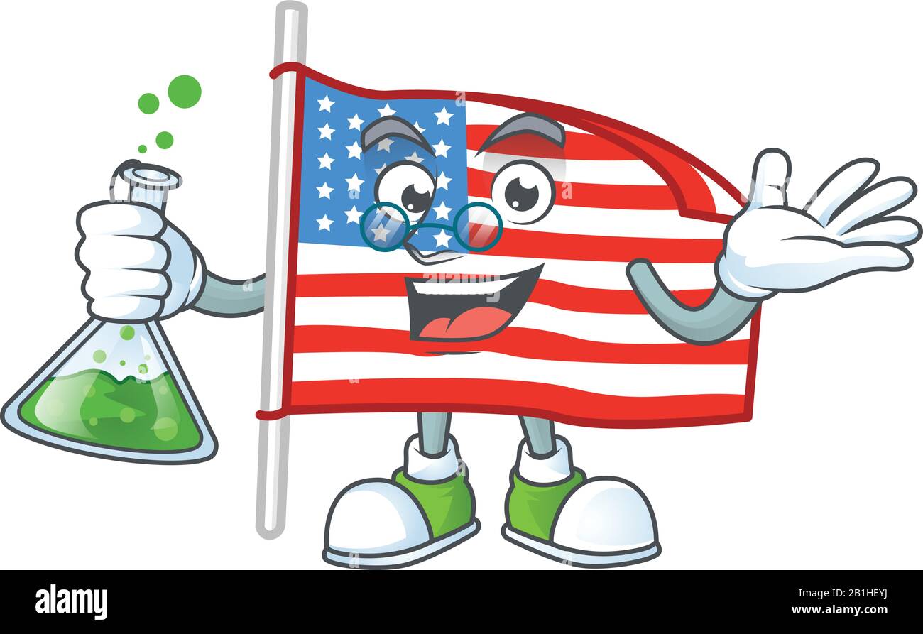 A genius Professor USA flag with pole cartoon character with glass tube ...