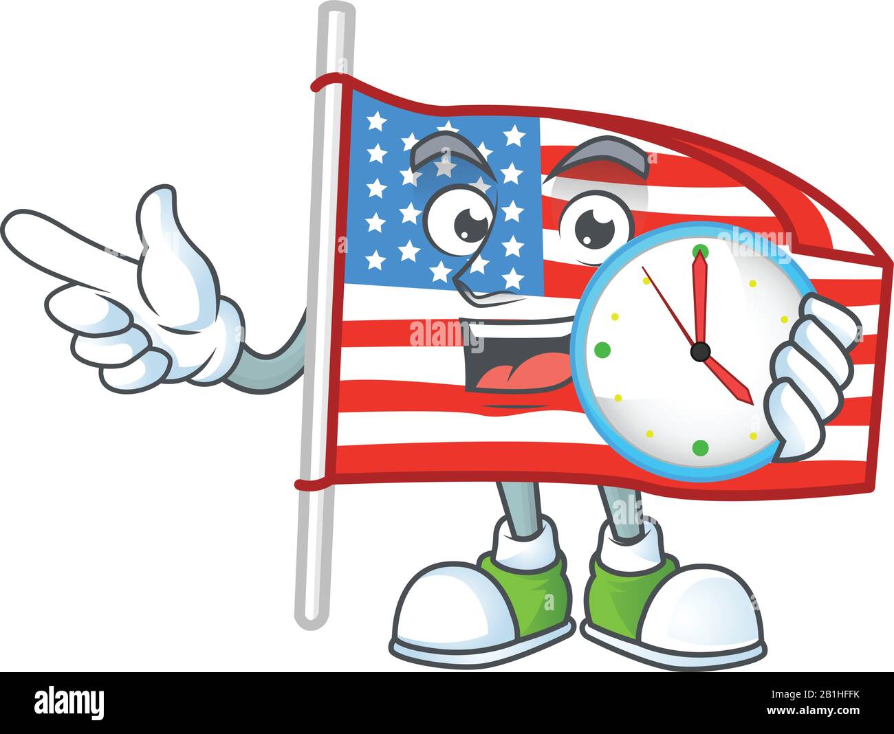 USA flag with pole cartoon character style with a clock Stock Vector ...