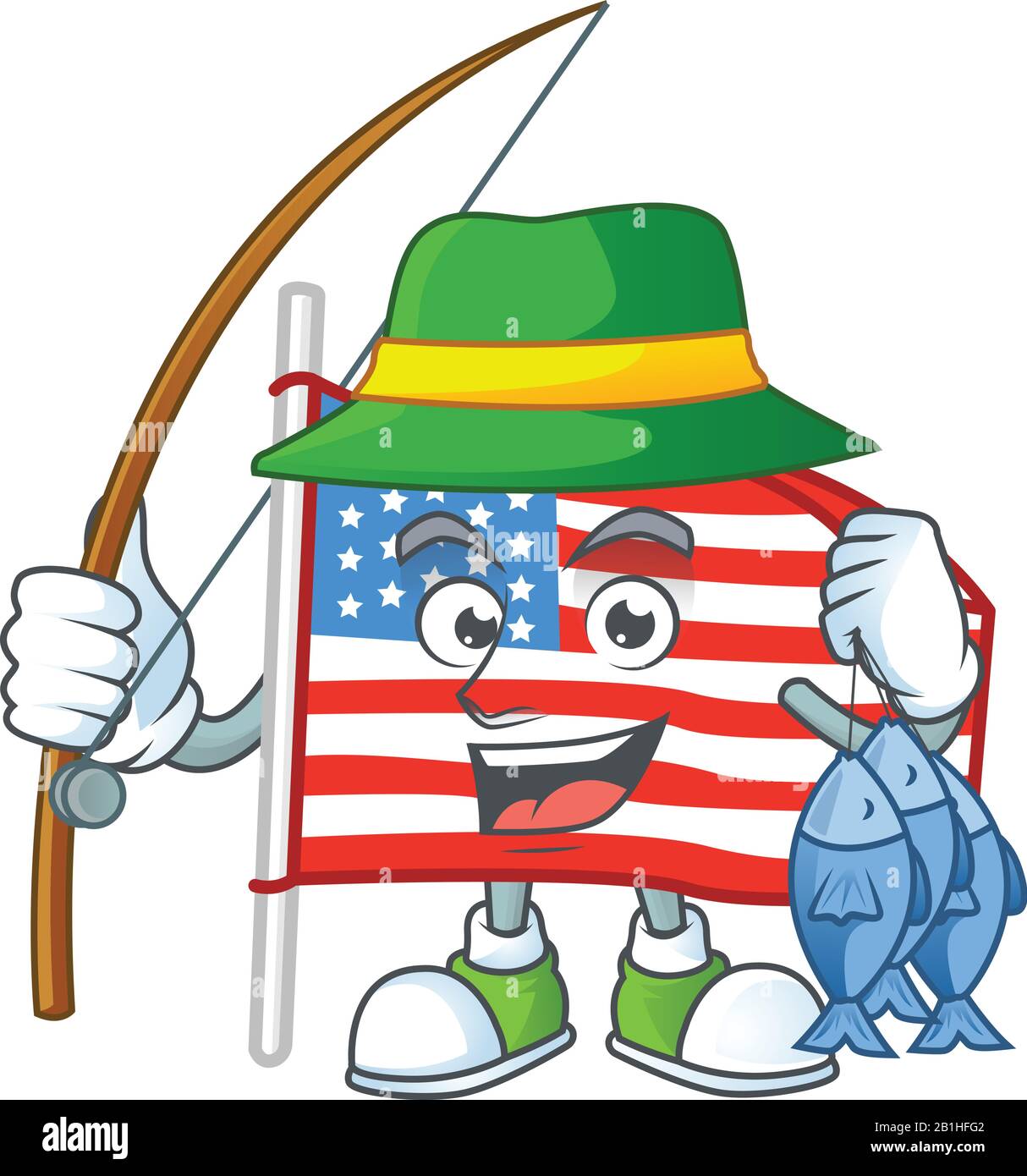 A mascot design of Fishing USA flag with pole with 3 fishes Stock ...