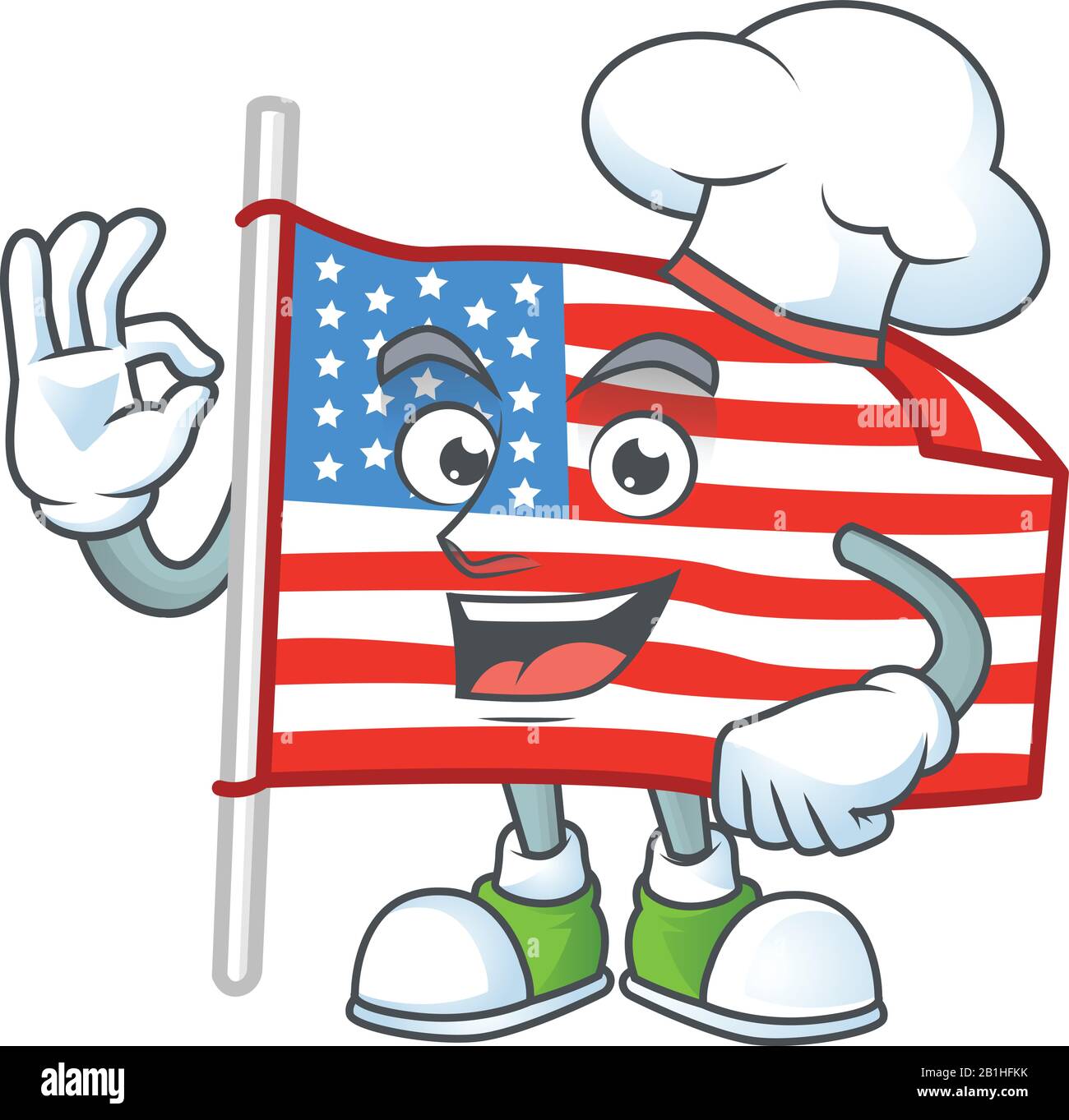 USA flag with pole cartoon character in a chef dress and white hat ...
