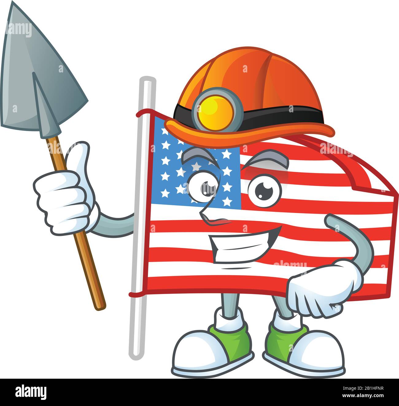 Cool clever Miner USA flag with pole cartoon character design Stock ...