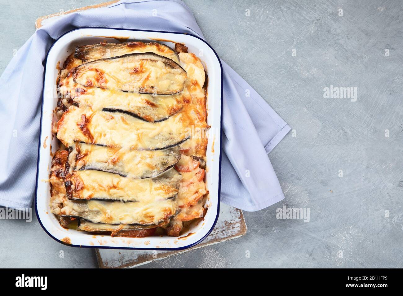 Homemade moussaka. Top view with copy space. Greek cuisine Stock Photo ...