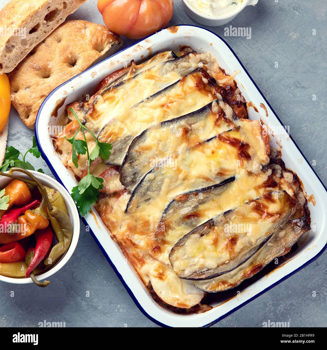 Homemade moussaka. Top view. Greek cuisine Stock Photo - Alamy
