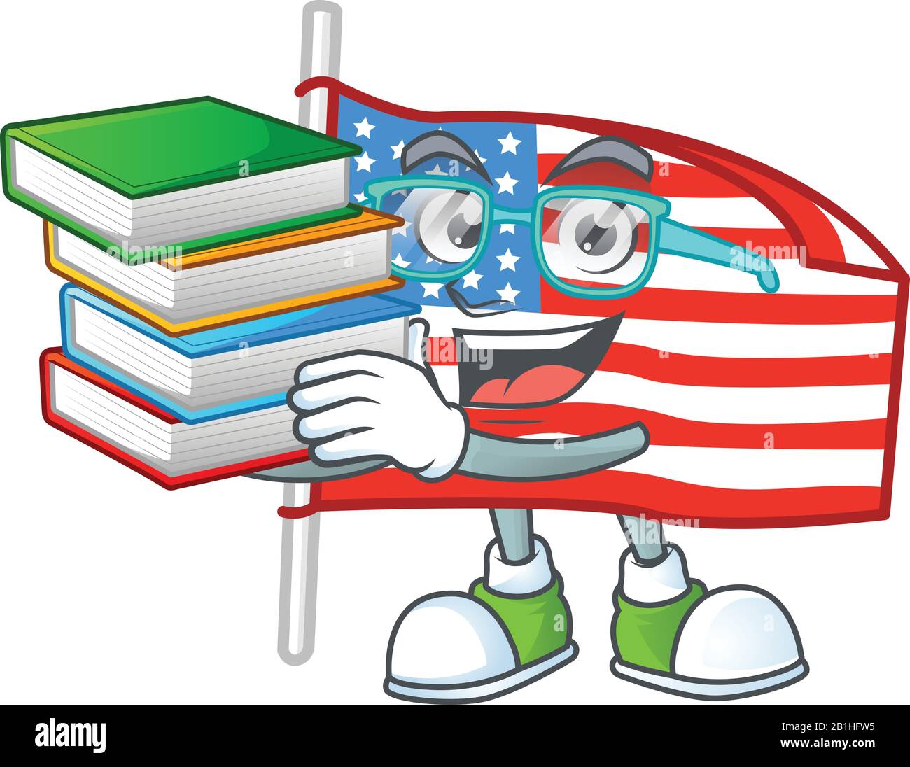 A brainy clever cartoon character of USA flag with pole studying with ...