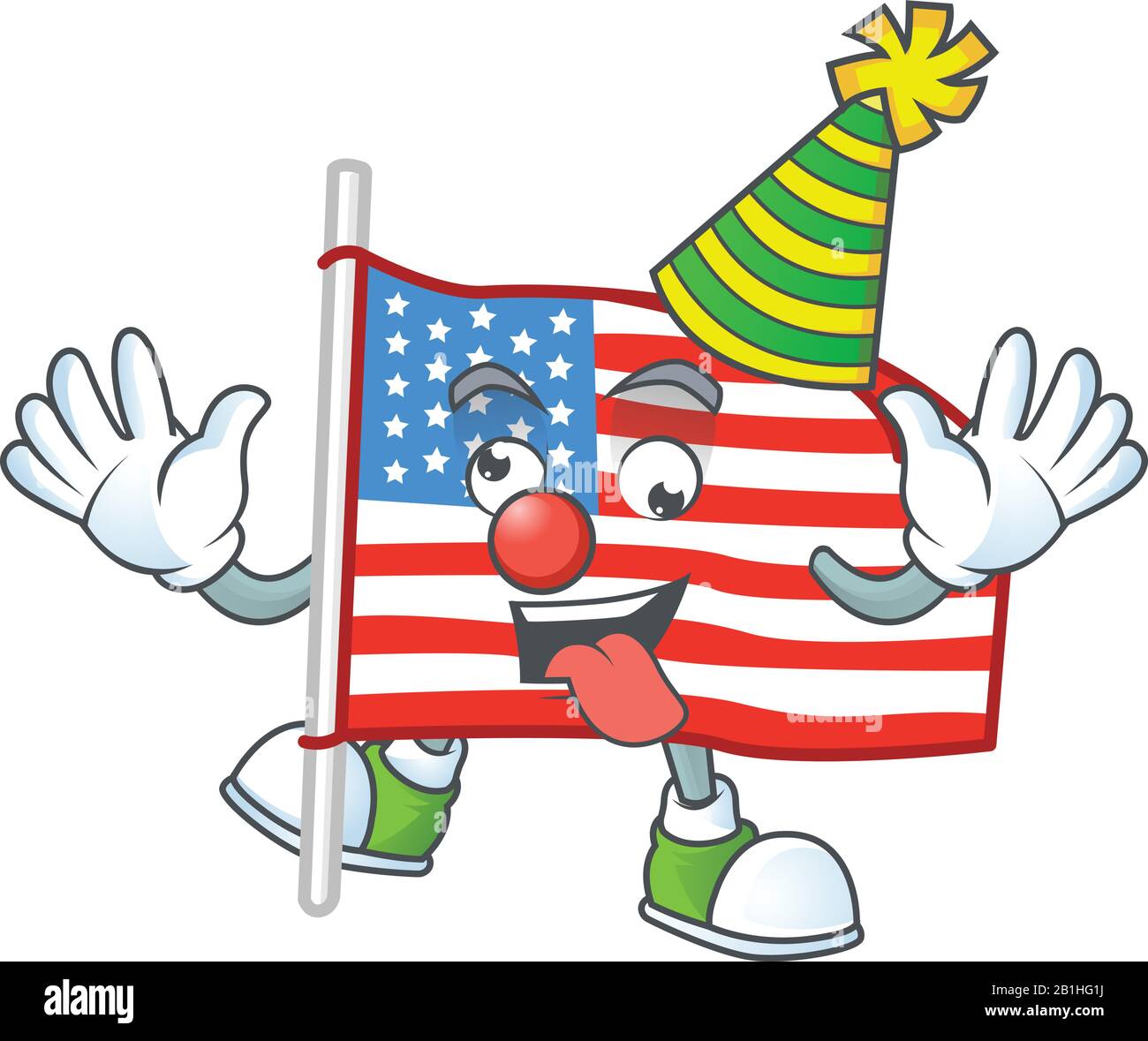 Cute and funny Clown USA flag with pole cartoon character mascot style ...
