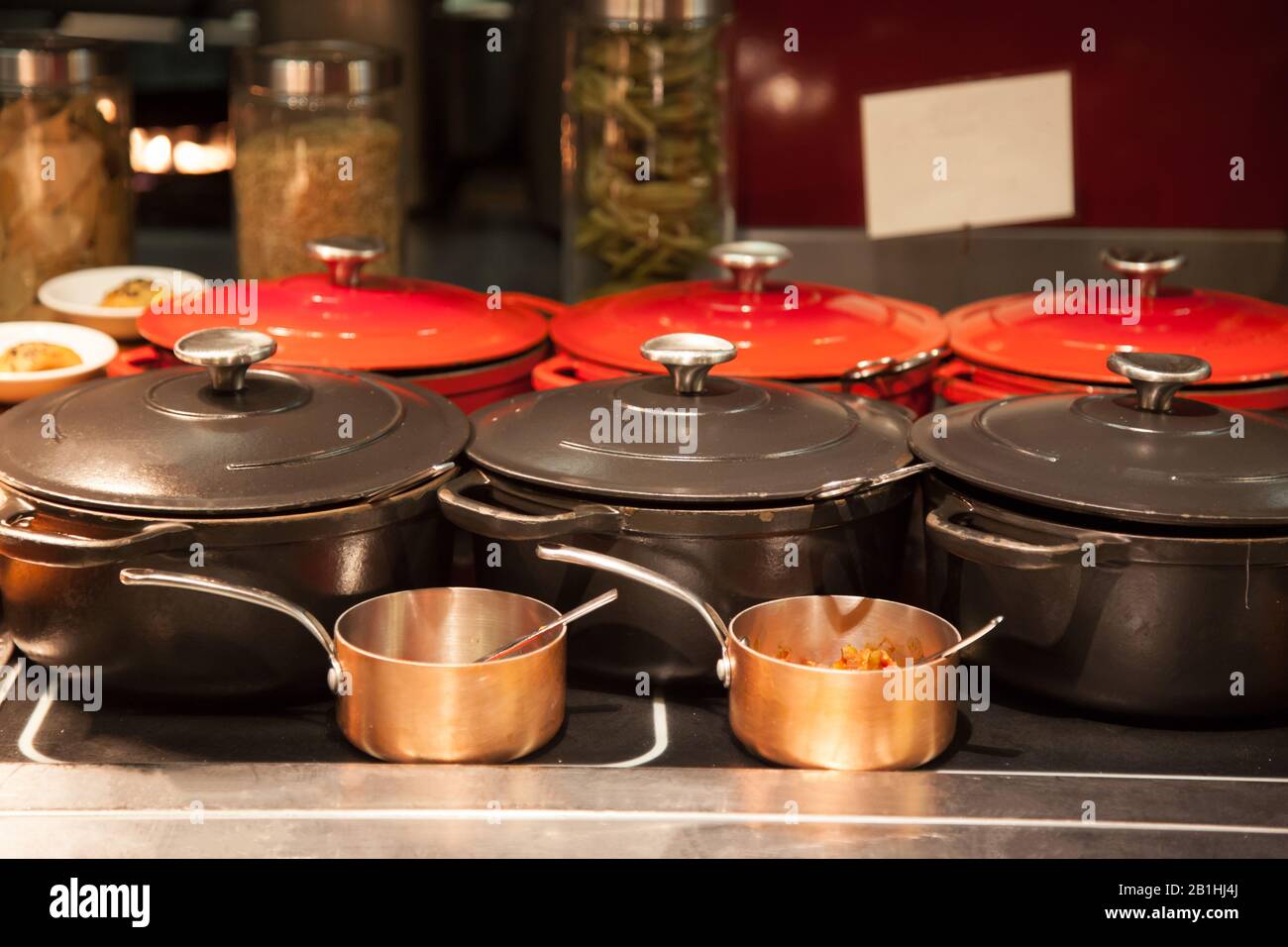 Food Serving in Vintage Iron Steel Cooking Pots in Hotel Restaurant ...