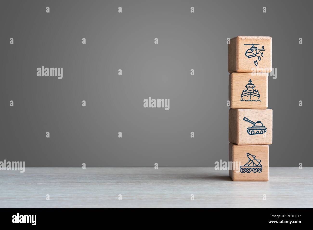 Military equipment wooden block icons on with grey background copy ...