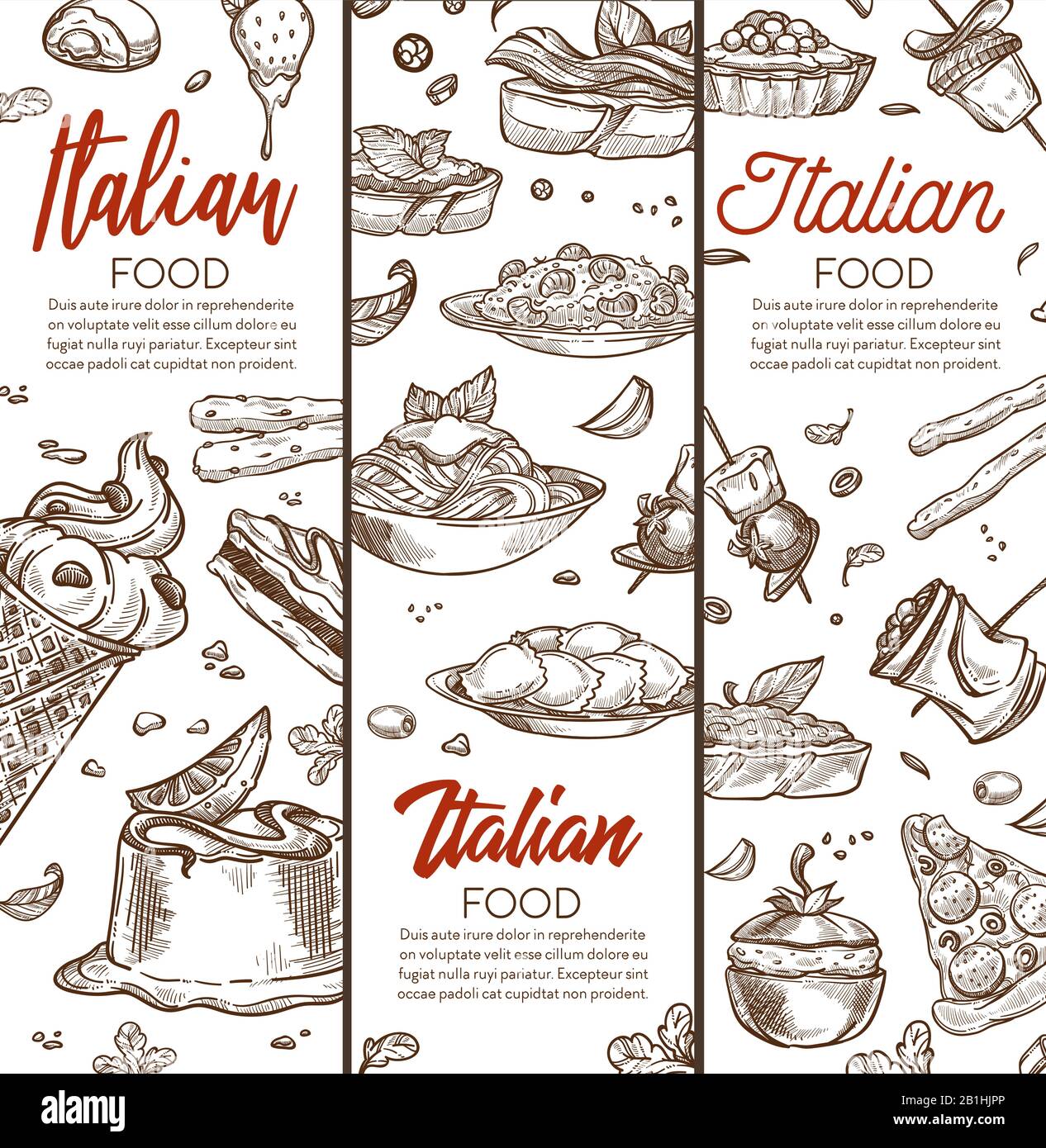 Italian food banner with dishes hand drawn sketches and text Stock ...