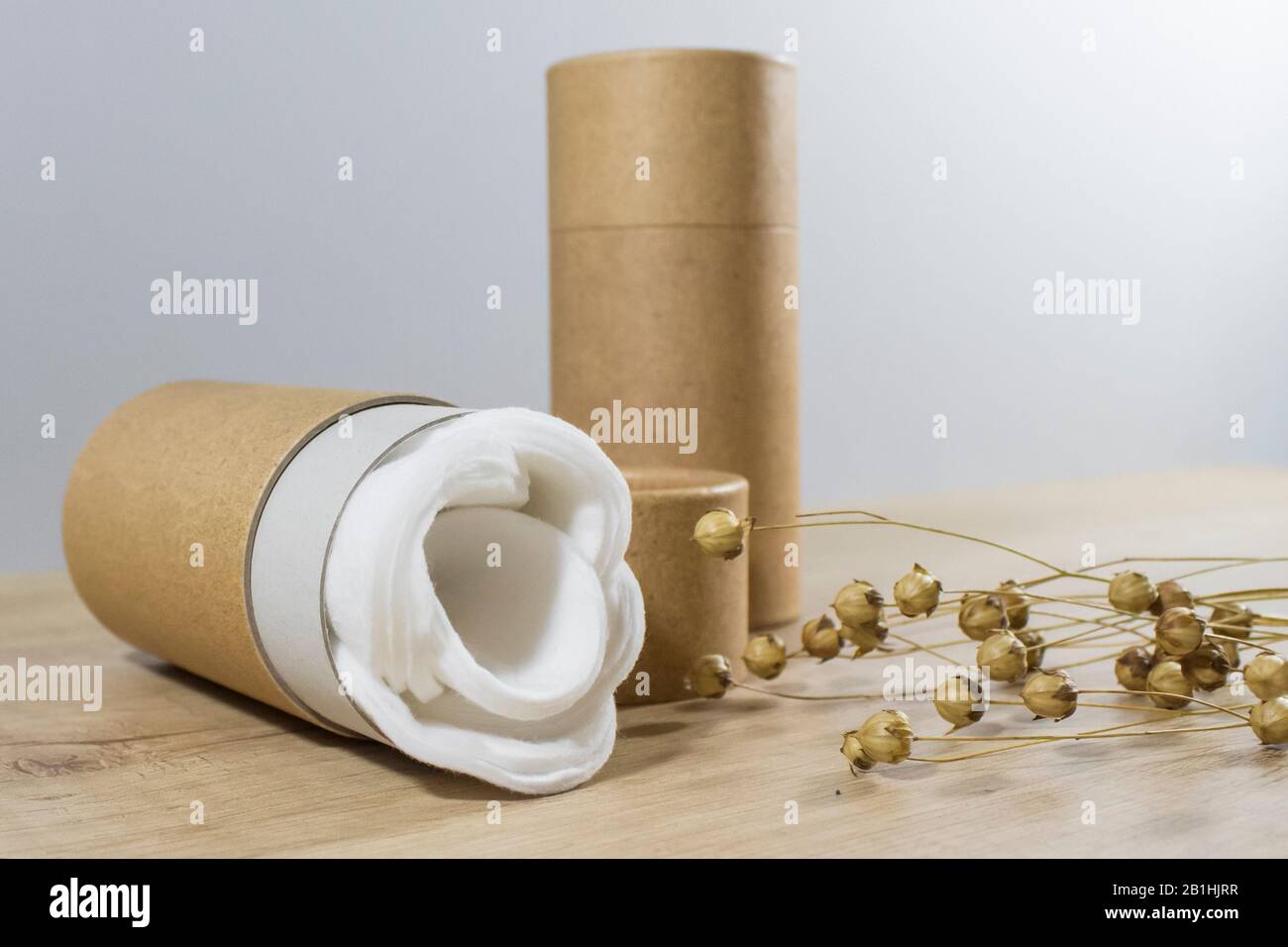 Paper tube with white cotton disks inside on wooden background. Recycle ...
