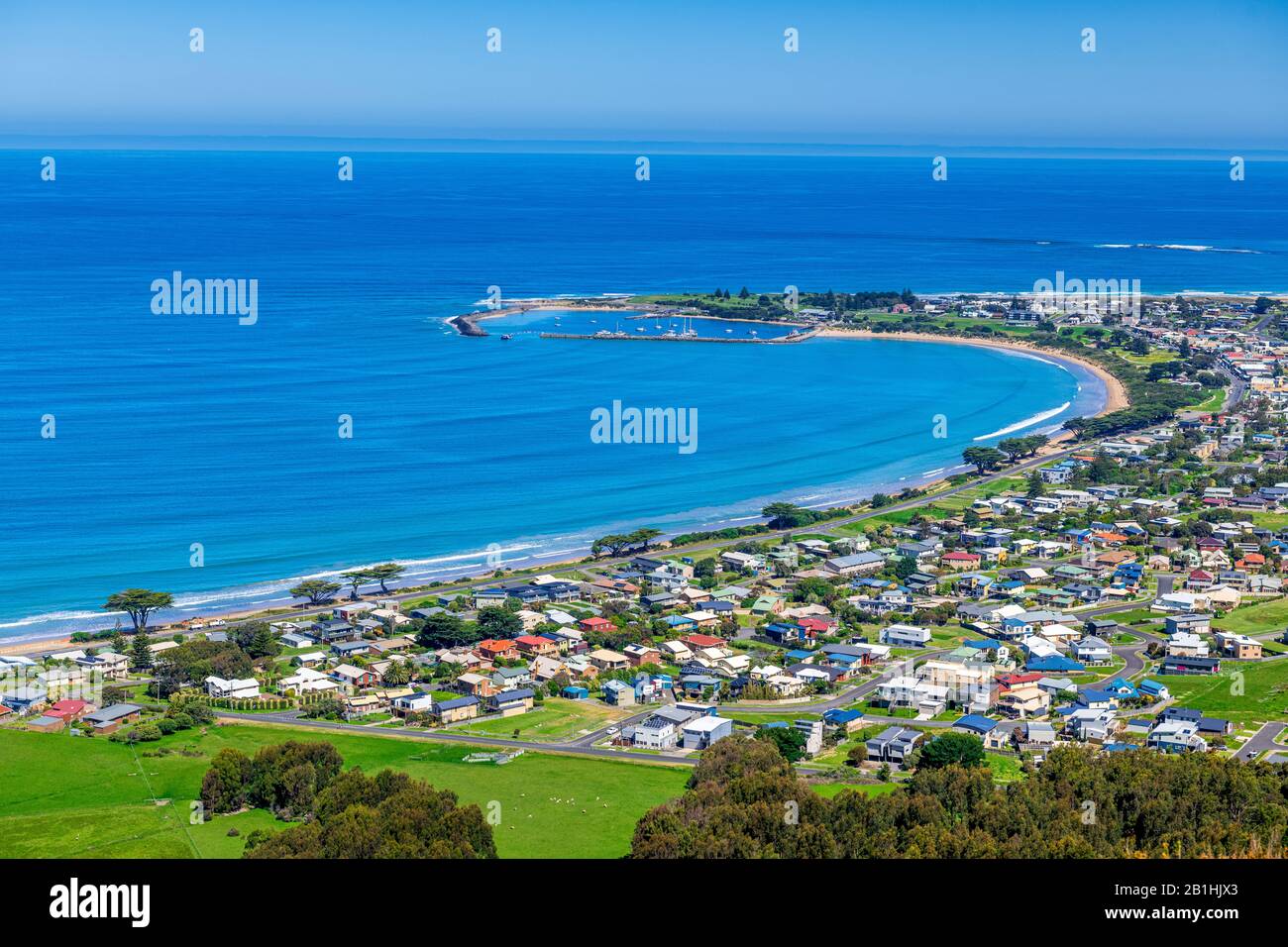 Aerial view of Apollo Bay, Victoria, Australia. This iconic town is ...