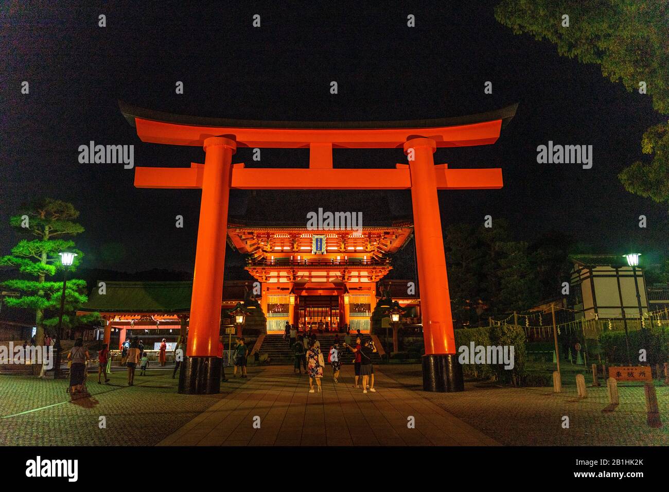 Kyoto, Japan, August 17, 2019 – Nigh view of the Giant orange torii ...