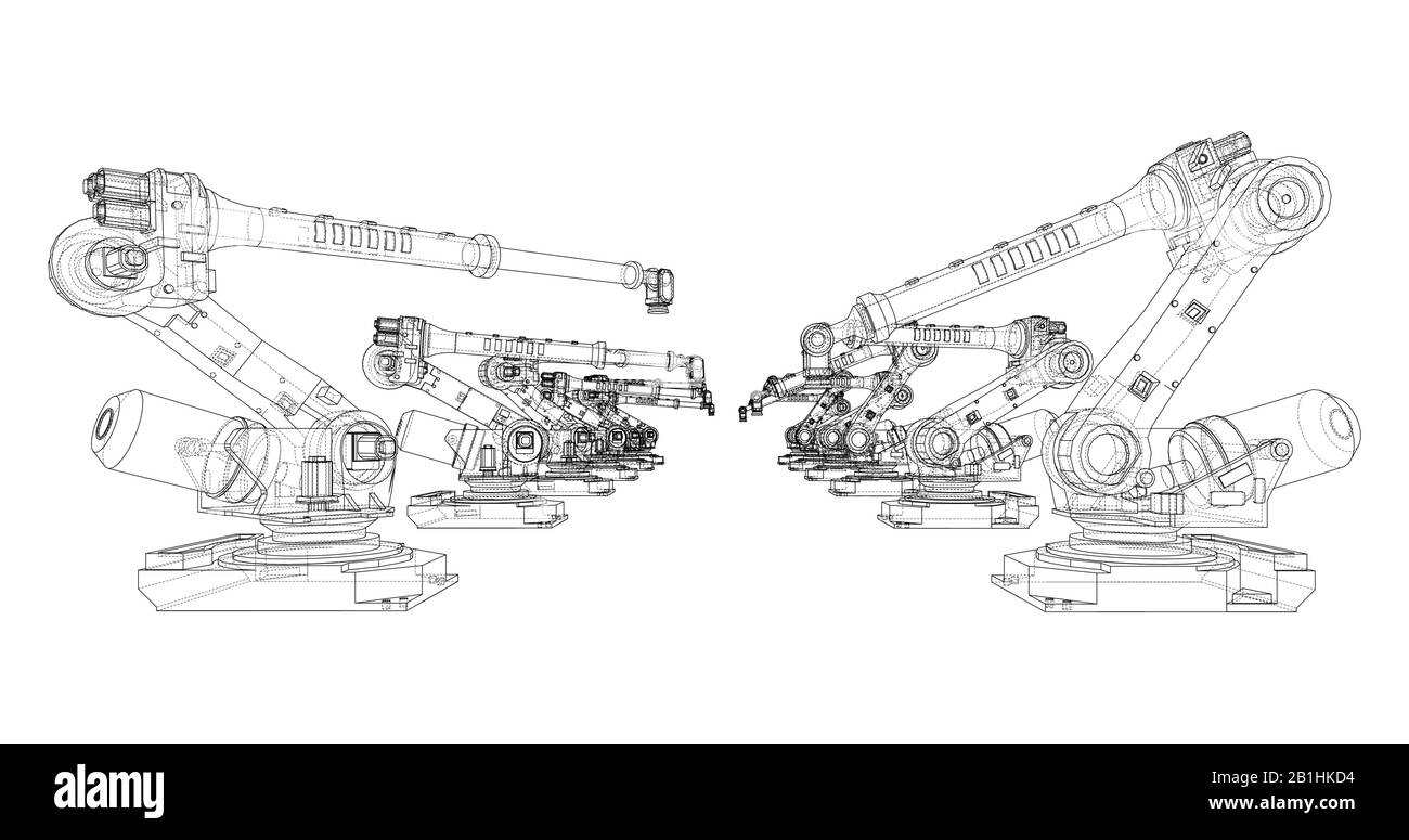 A industral robots manipulators. Blueprint style. Vector rendering from ...