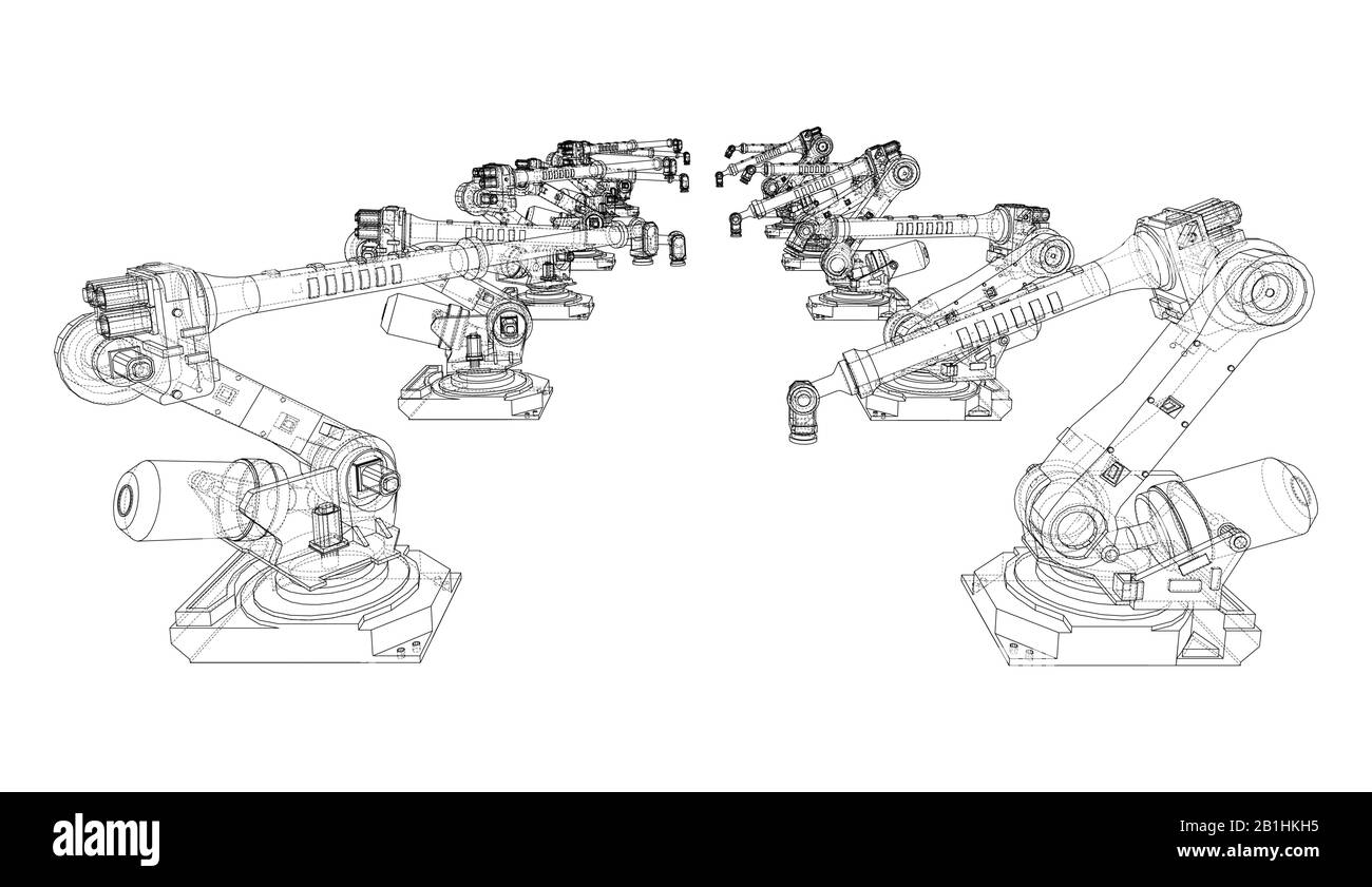 A industral robots manipulators. Blueprint style. Vector rendering from ...