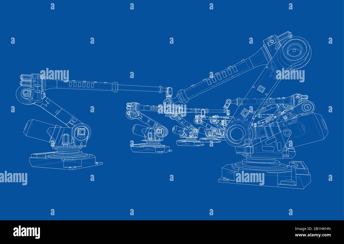 A industral robots manipulators. Blueprint style. Vector rendering from ...