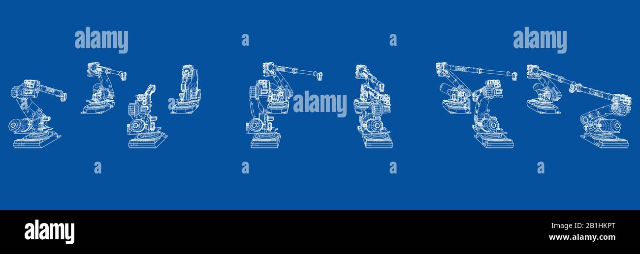 A industral robots manipulators. Blueprint style. Vector rendering from ...