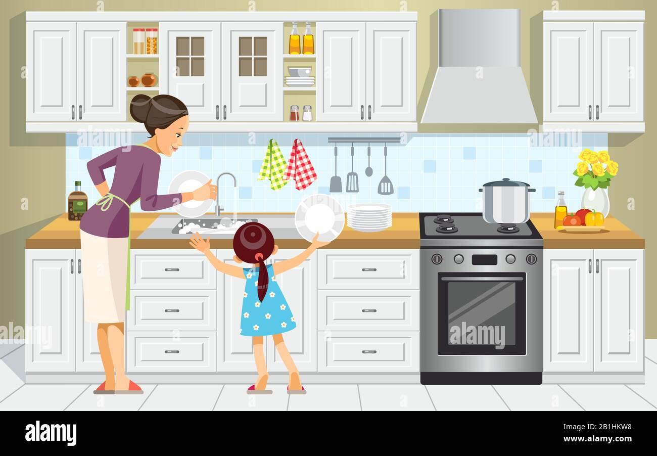 Mother and daughter washing the dishes. Girl Help Her Mum In Washing ...