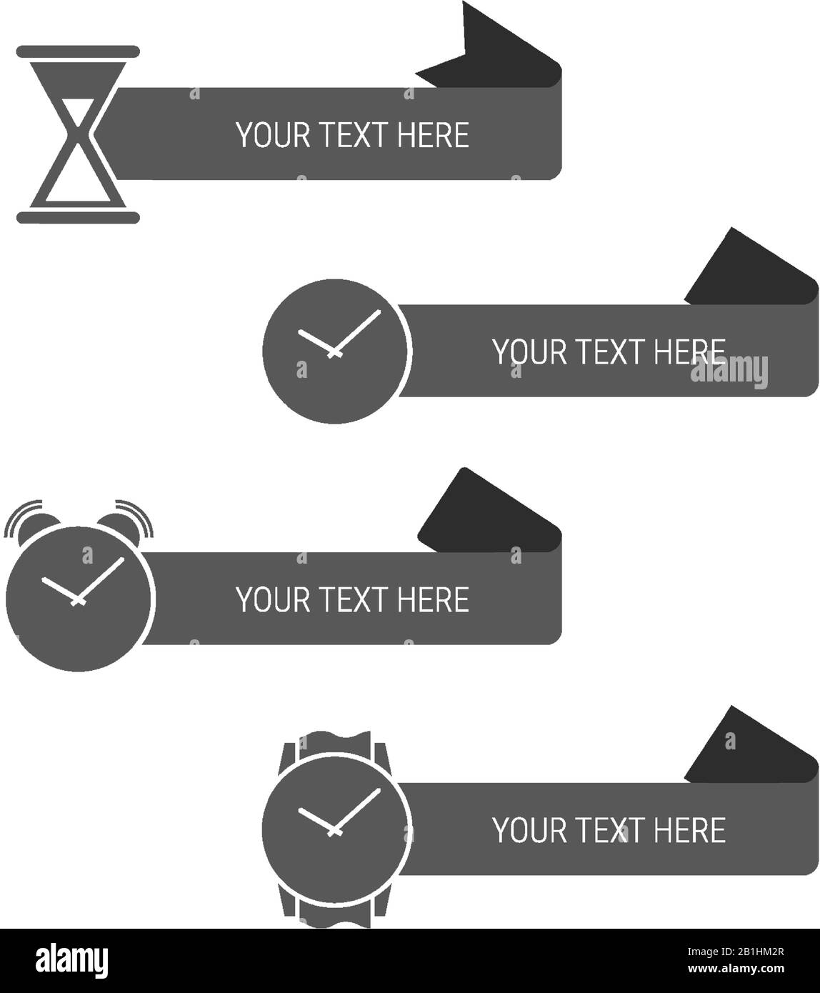 Monochrome ribbon banners with hourglass, round clock, wristwatch ...