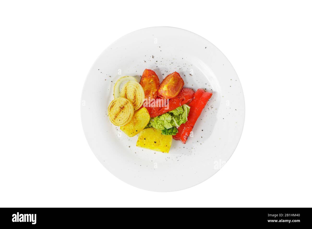 Vegetables grilled portion of side dish on a plate on white isolated ...