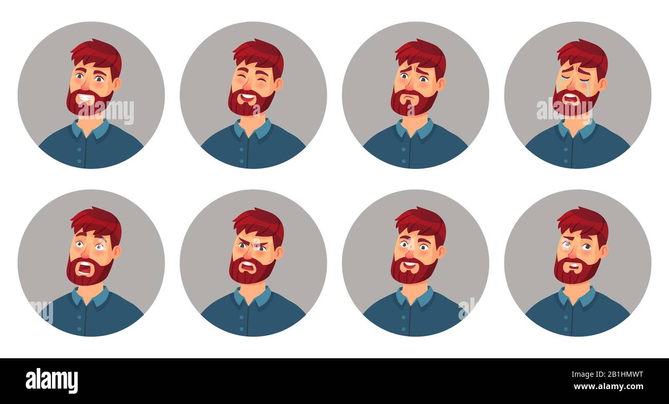 Male character facial emotions. Happy smiling man face, angry ...