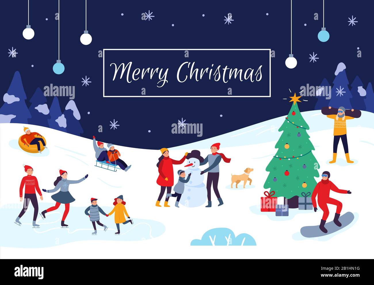 Winter people Merry Christmas card. Snow activities, happy kids make ...
