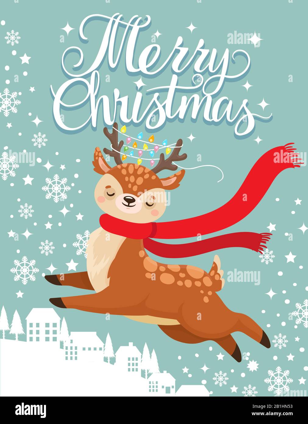 Greeting card with xmas deer. Merry christmas postcard, cute fawn and ...