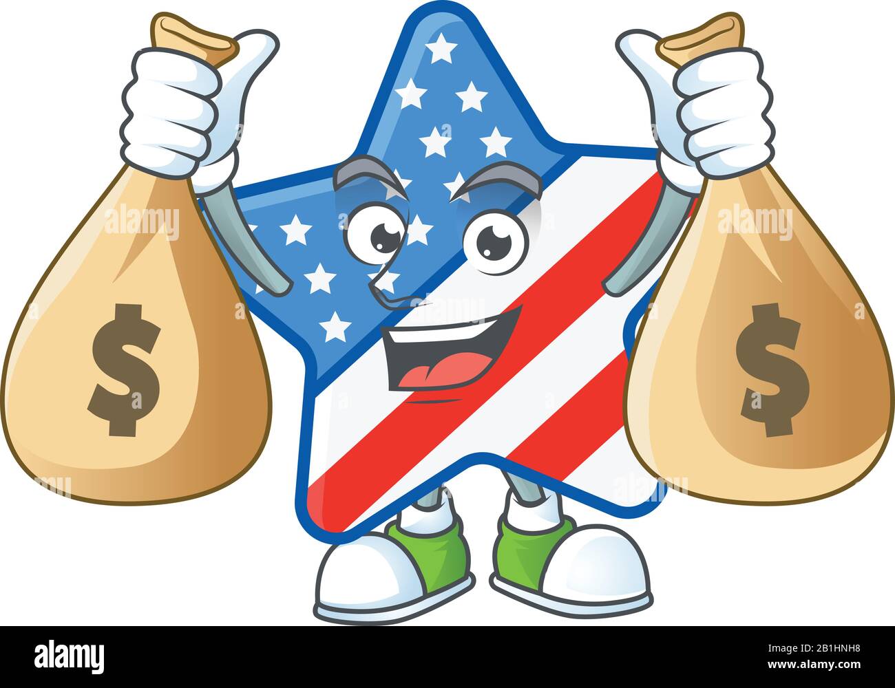 A cute image of USA star cartoon character holding money bags Stock ...