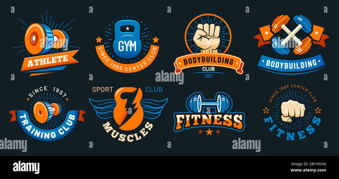 Vintage gym emblem. Athlete muscles, fitness and bodybuilding labels ...