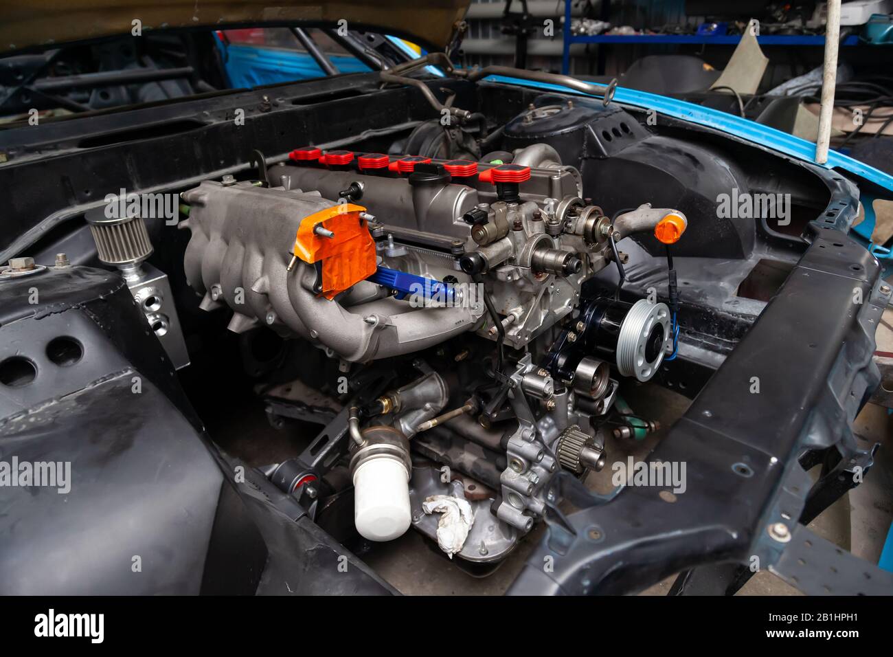 Powerful tuned gasoline engine with a turbocharger and a charger in the ...