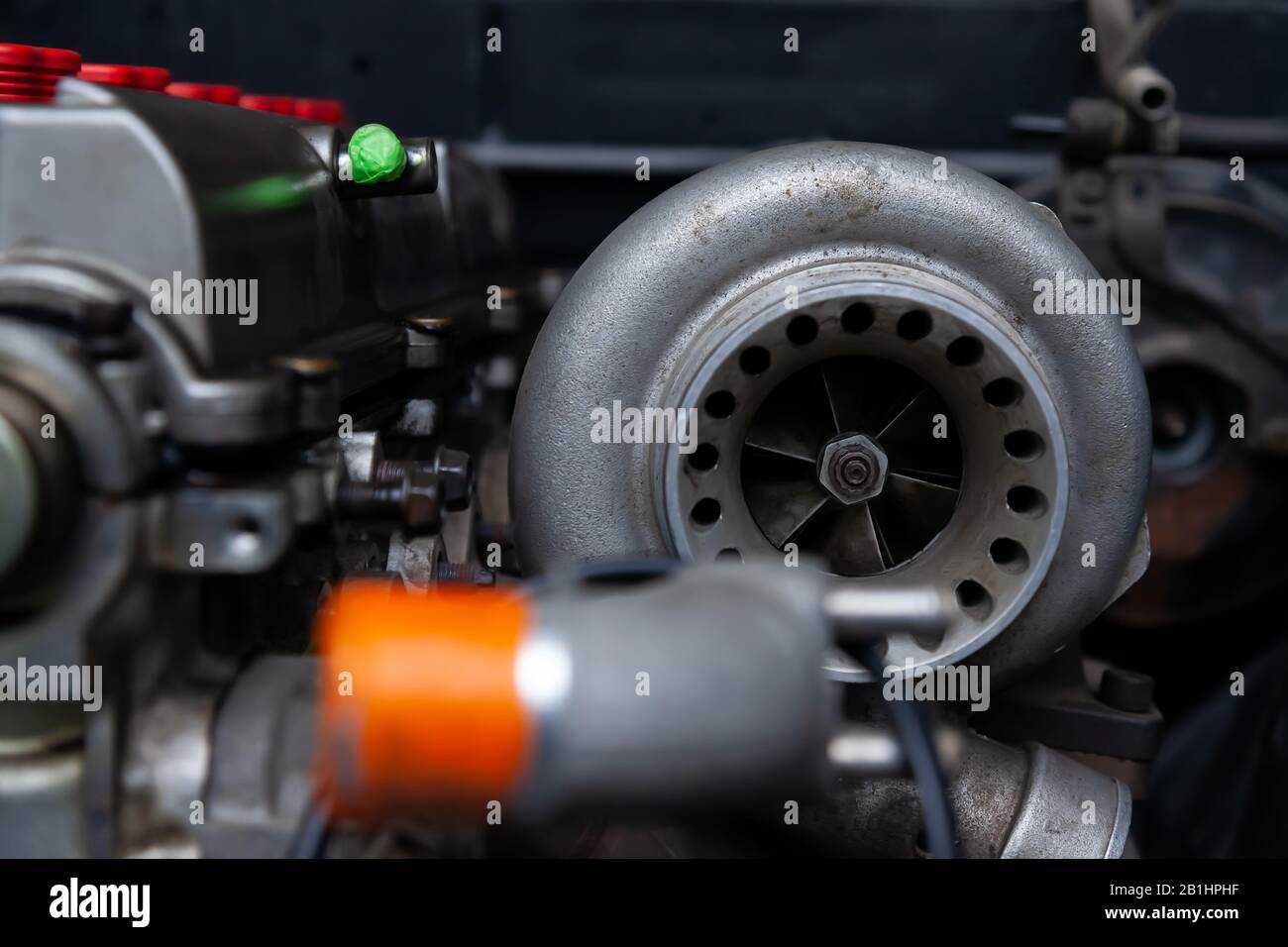 Turbo charger installed on car engine for power booster torque drive ...
