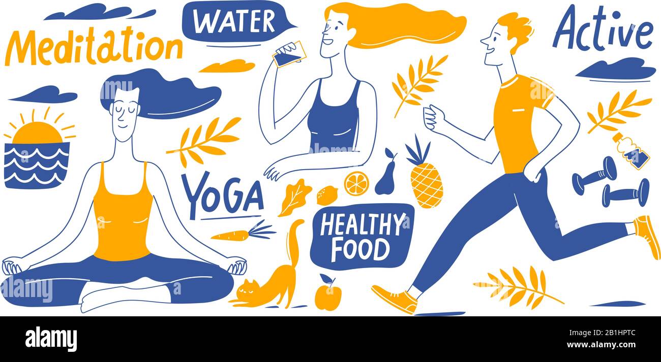 Healthy lifestyle vector design with people, elements and lettering ...